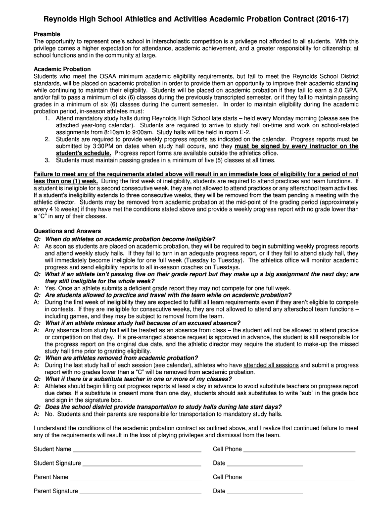 Fillable Online Reynolds High School Athletics and Activities Academic ...