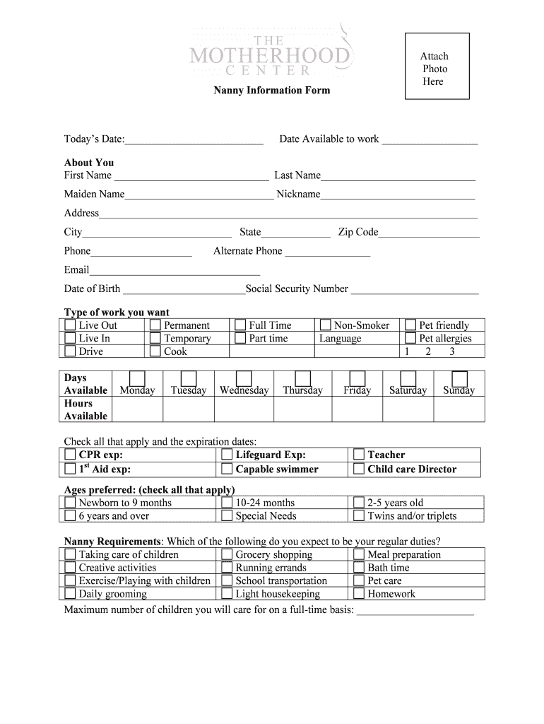 Fillable Online Nanny Information Form Fax Email Print - pdfFiller