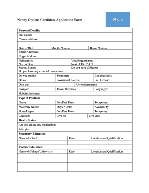Fillable Online Nanny Options Candidate Application Form Fax Email ...