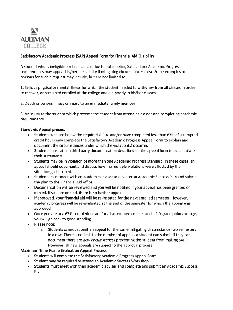 Fillable Online Satisfactory Academic Progress (SAP) Appeal Form for Financial Aid Eligibility ...