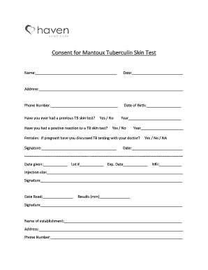 Fillable Online Consent for Mantoux Tuberculin Skin Test Fax Email ...