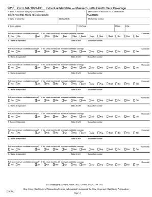 Fillable Online 2016 Form MA 1099-HC Individual Mandate Massachusetts ...