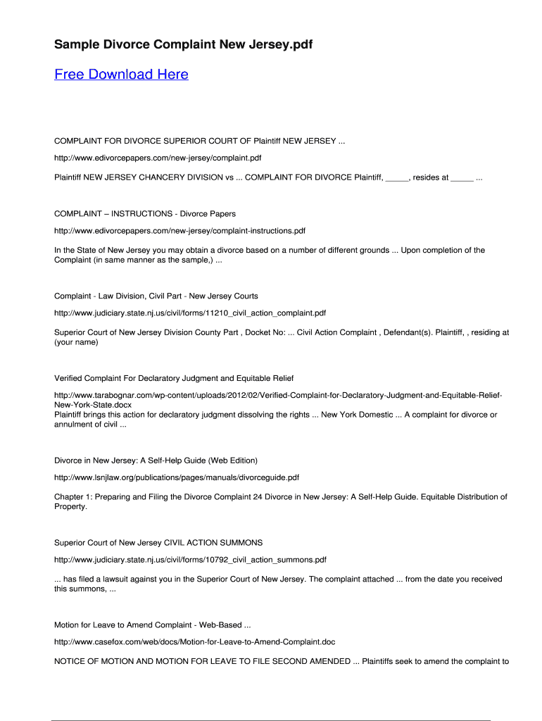 Fillable Online Sample Divorce Complaint New Jersey Fax Email Print ...