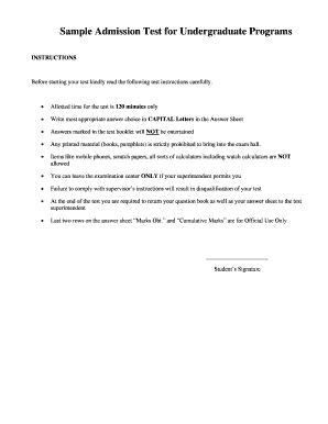 Fillable Online Sample Admission Test for Undergraduate Programs Fax ...