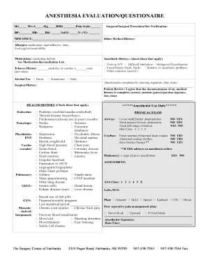 Fillable Online ANESTHESIA EVALUATION/QUESTIONAIRE Fax Email Print ...