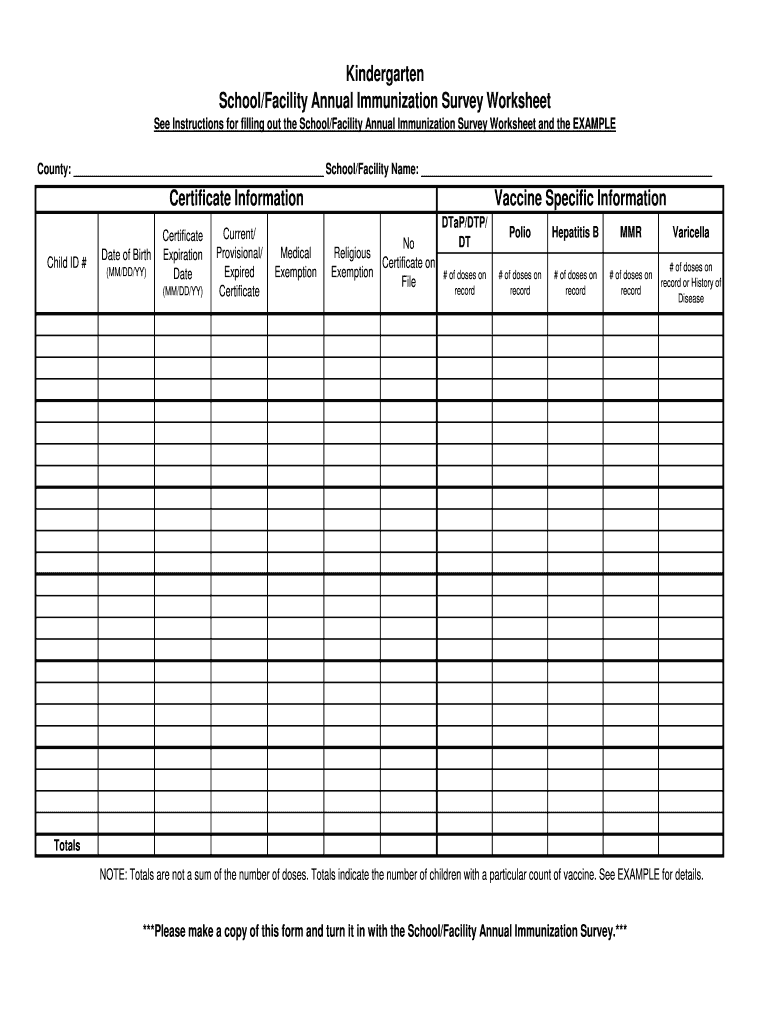 Fillable Online School/Facility Annual Immunization Survey Worksheet ...