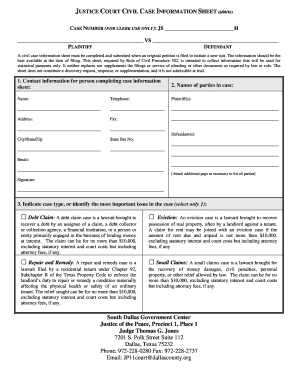 Fillable Online JUSTICE COURT CIVIL CASE INFORMATION SHEET (6/08/16 ...