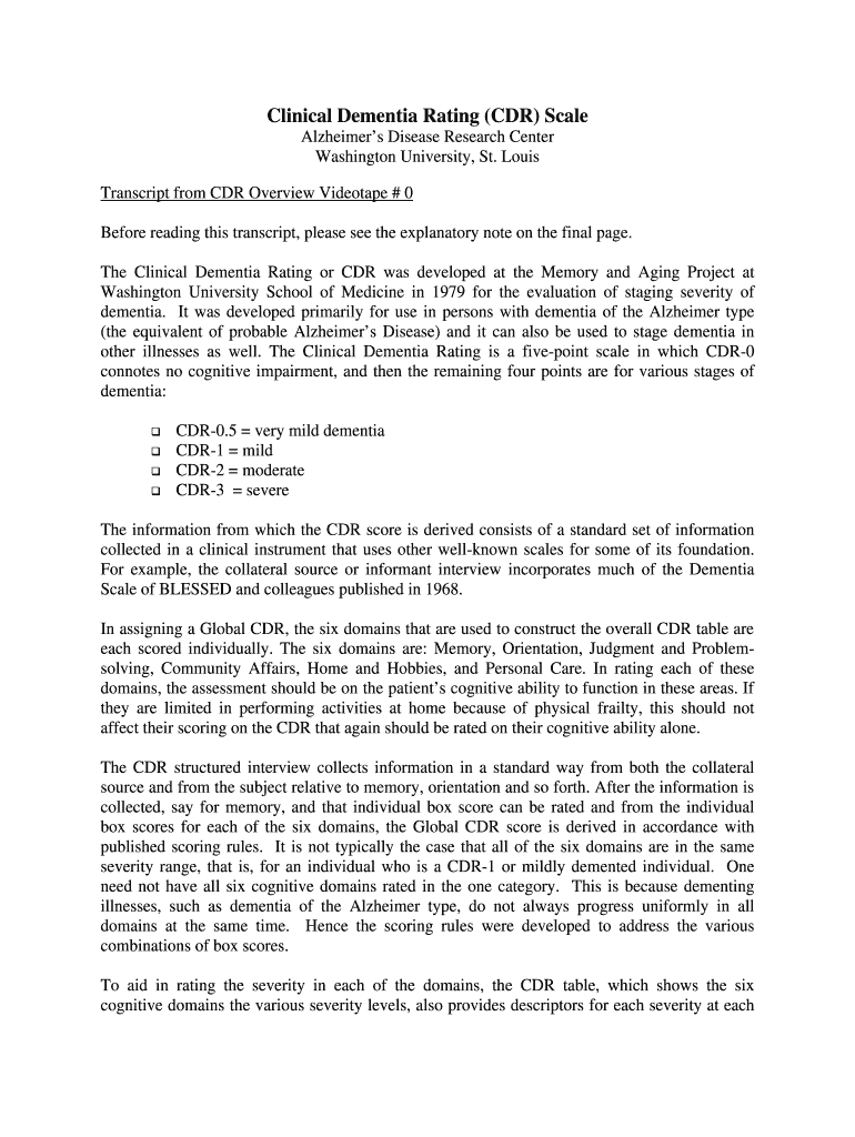 Fillable Online Clinical Dementia Rating (CDR) Scale Fax Email Print ...
