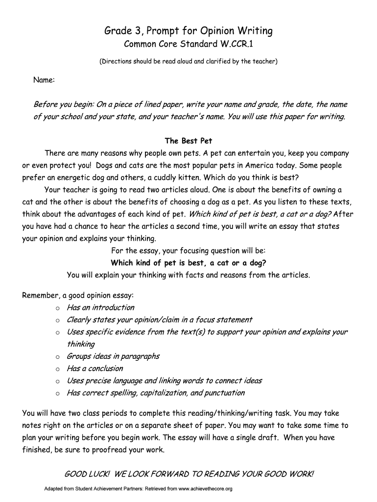 Fillable Online Grade 3, Prompt for Opinion Writing Fax Email Print ...
