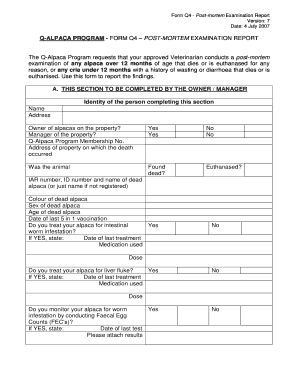 Fillable Online Q-ALPACA PROGRAM - FORM Q4 POST-MORTEM EXAMINATION ...