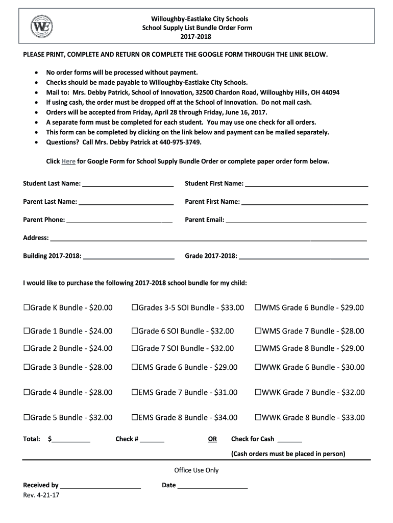 Fillable Online School Supply List Bundle Order Form Fax Email Print ...