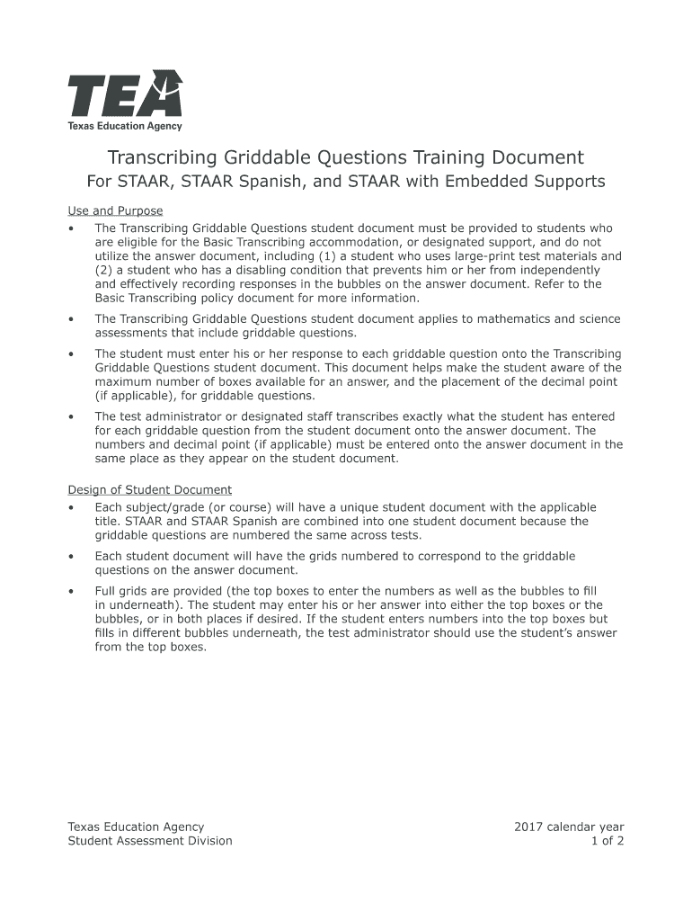 Fillable Online Transcribing Griddable Questions Training Document Fax ...