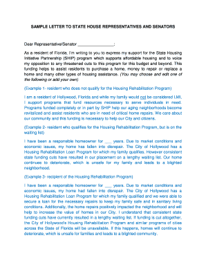 Fillable Online SAMPLE LETTER TO STATE HOUSE REPRESENTATIVES AND ...