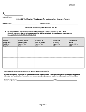 Fillable Online 2015-16 Verification Worksheet for Independent Student ...