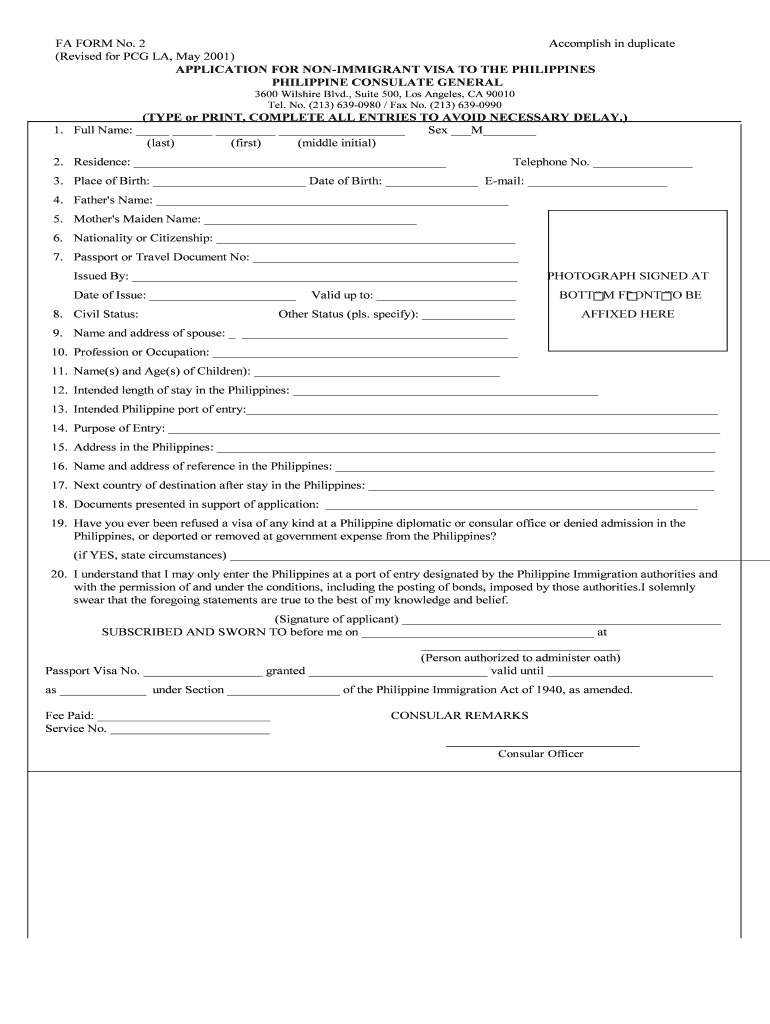 Fillable Online APPLICATION FOR NON-IMMIGRANT VISA TO THE PHILIPPINES ...