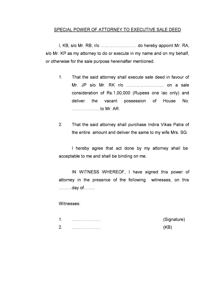 Fillable Online SPECIAL POWER OF ATTORNEY TO EXECUTIVE SALE DEED Fax ...