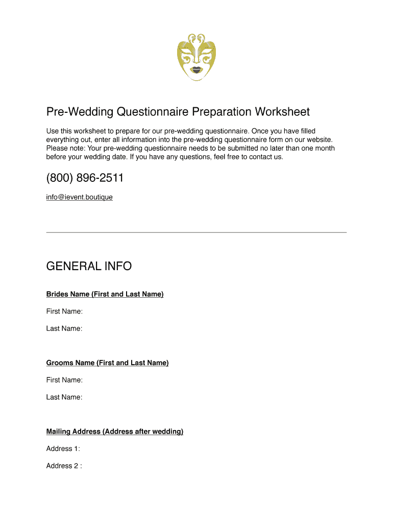 Fillable Online Pre-Wedding Questionnaire Preparation Worksheet Fax ...