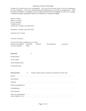 Fillable Online Wedding Flower Worksheet Fax Email Print - pdfFiller