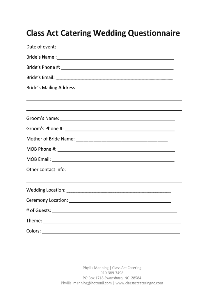 Fillable Online Class Act Catering Wedding Questionnaire Fax Email ...