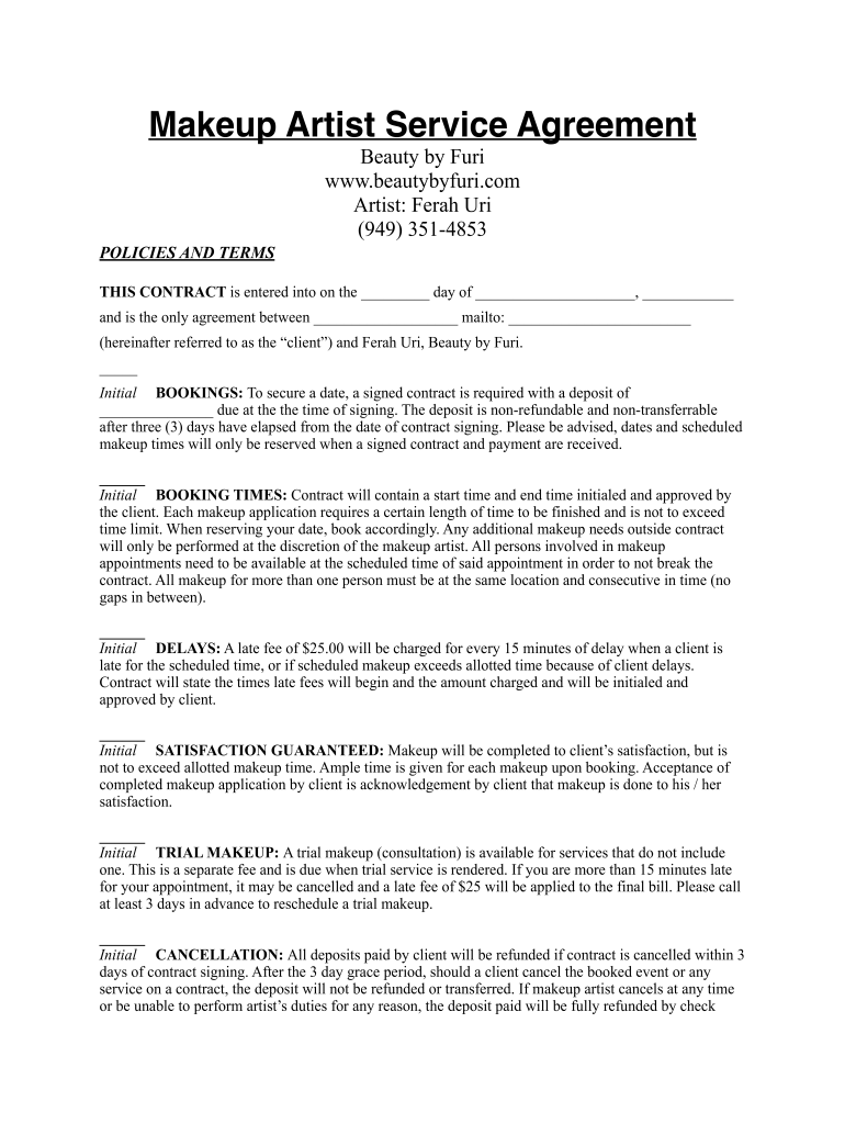 Printable Makeup Contract Template Printable Templates
