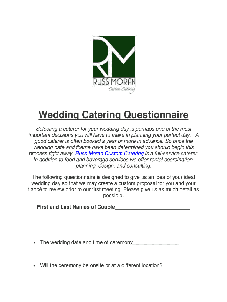 Fillable Online Wedding Catering Questionnaire Fax Email Print - pdfFiller