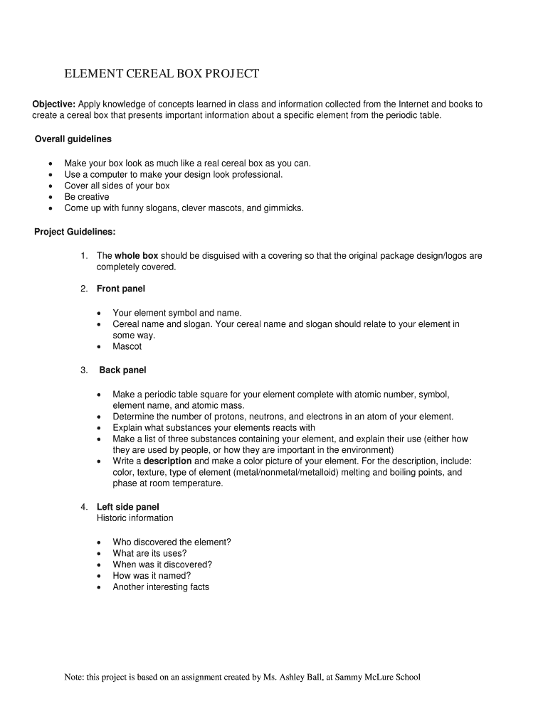 Fillable Online ELEMENT CEREAL BOX PROJECT Fax Email Print - pdfFiller