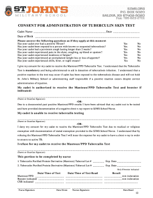 Fillable Online CONSENT FOR ADMINISTRATION OF TUBERCULIN SKIN TEST Fax ...
