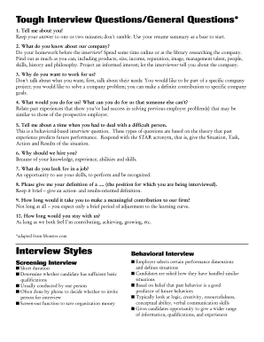 Fillable Online Tough Interview Questions/General Questions* Fax Email ...