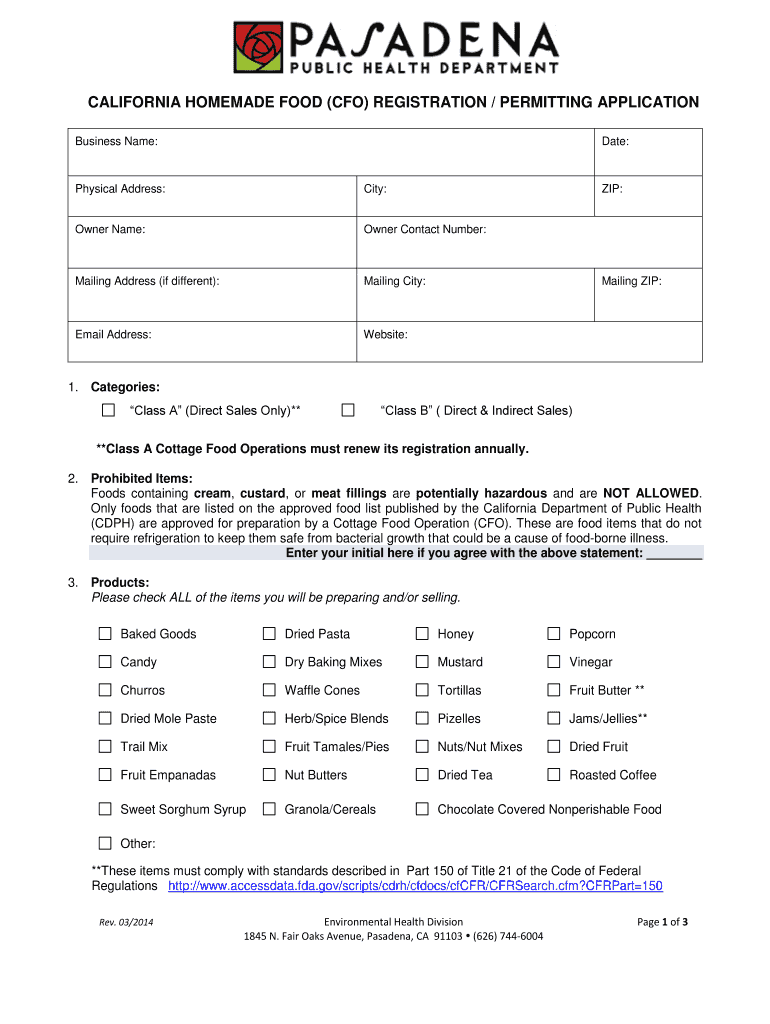 Fillable Online CALIFORNIA HOMEMADE FOOD (CFO) REGISTRATION ...