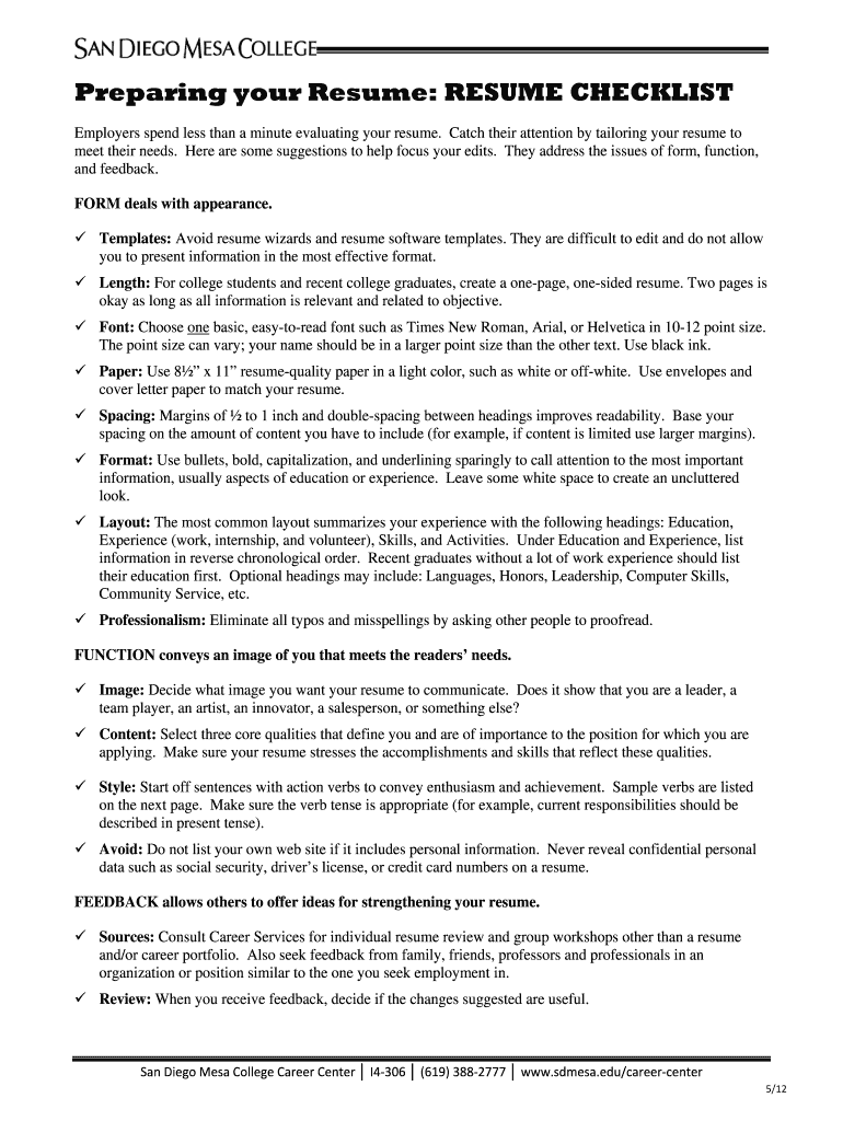 Fillable Online Preparing your Resume: RESUME CHECKLIST Fax Email Print ...