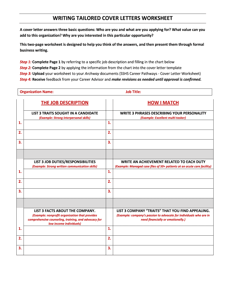 Fillable Online WRITING TAILORED COVER LETTERS WORKSHEET Fax Email Print - pdfFiller