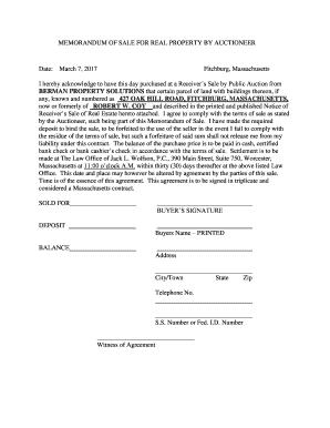 Fillable Online MEMORANDUM OF SALE FOR REAL PROPERTY BY AUCTIONEER Fax ...