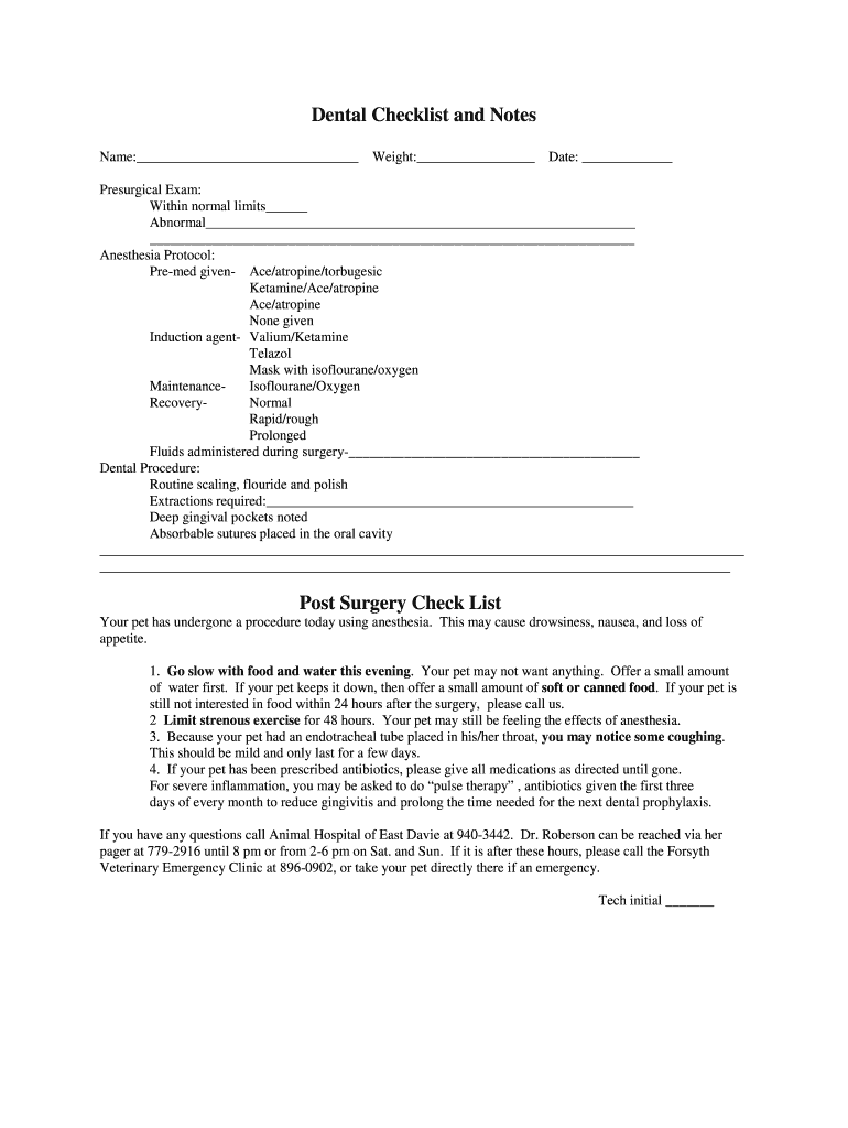 Fillable Online Dental Checklist and Notes Fax Email Print - pdfFiller