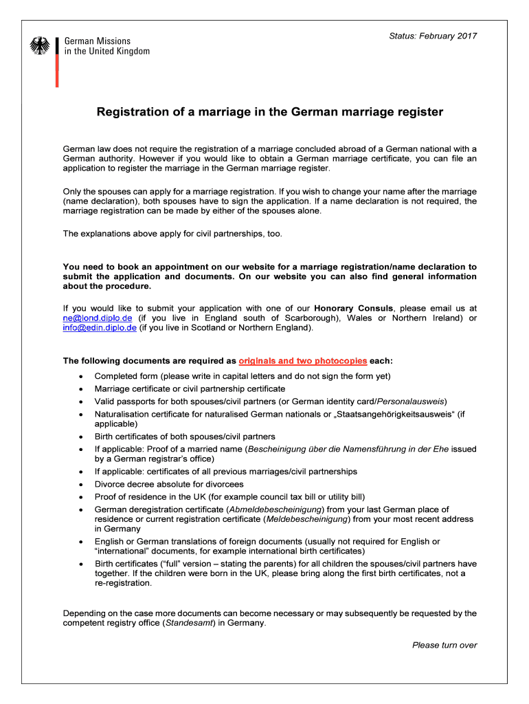 Fillable Online Registration of a marriage in the German marriage ...