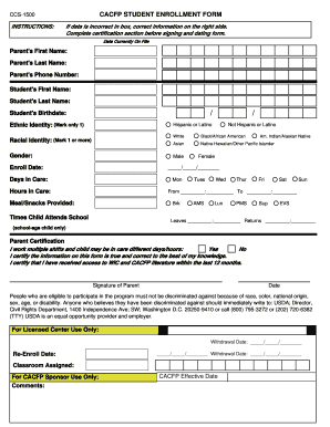 Fillable Online CACFP STUDENT ENROLLMENT FORM Fax Email Print - pdfFiller