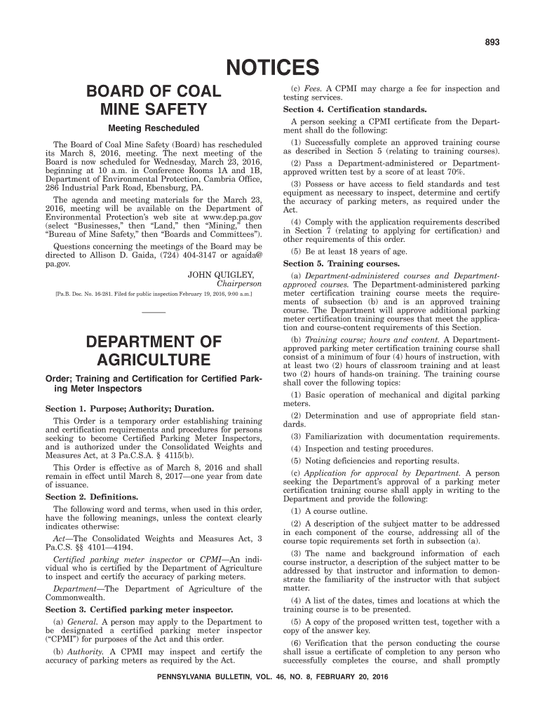 Fillable Online The Board of Coal Mine Safety (Board) has rescheduled ...