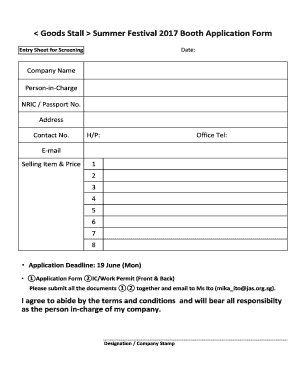 Fillable Online Goods Stall Summer Festival 2017 Booth Application Form ...