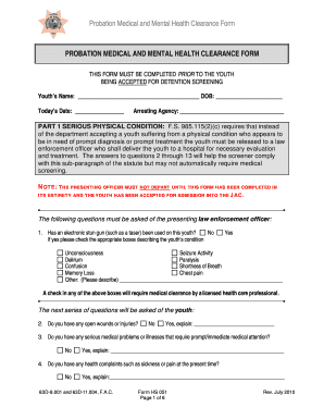 Fillable Online Probation Medical and Mental Health Clearance Form Fax ...