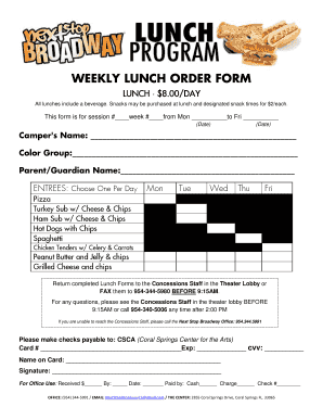 Fillable Online WEEKLY LUNCH ORDER FORM Fax Email Print - pdfFiller
