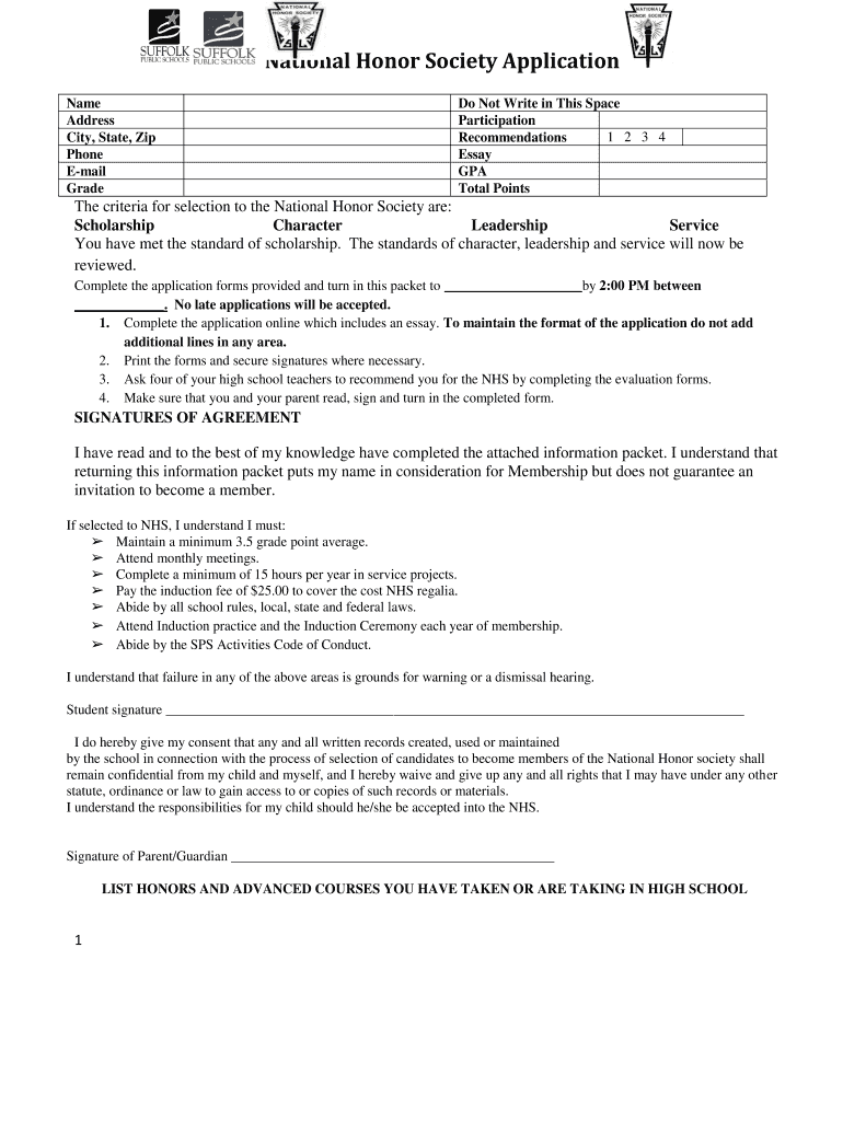 Fillable Online The criteria for selection to the National Honor ...