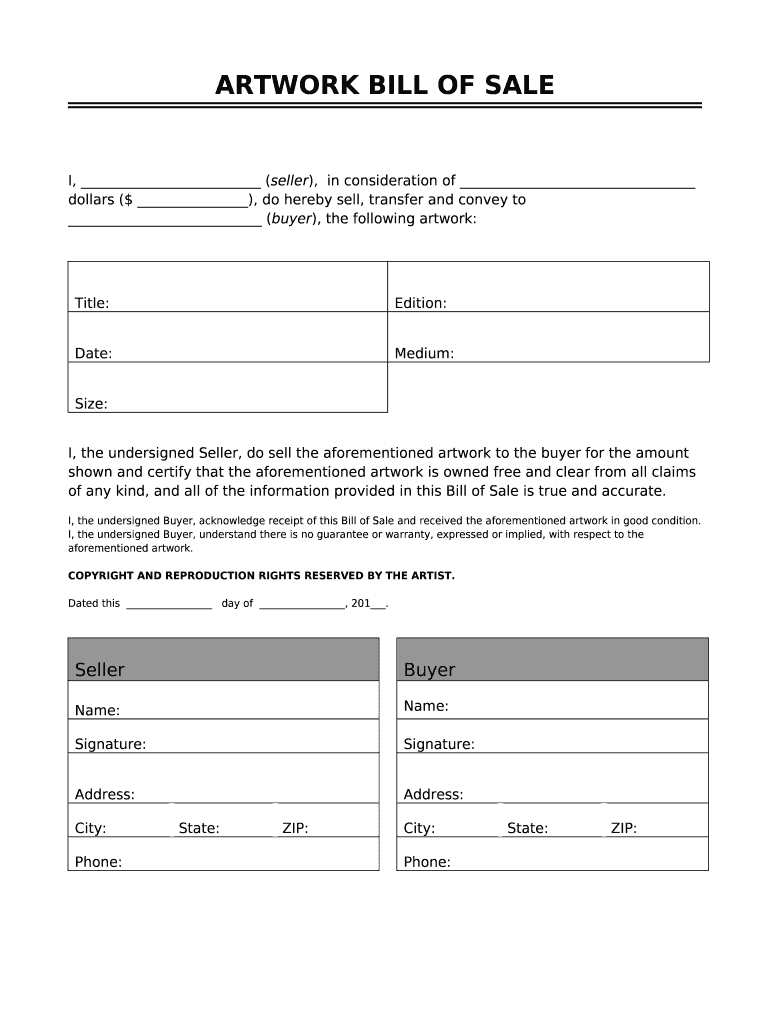 ARTWORK BILL OF SALE Doc Template | pdfFiller