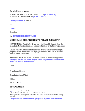 Sample Motion to Vacate Doc Template | pdfFiller