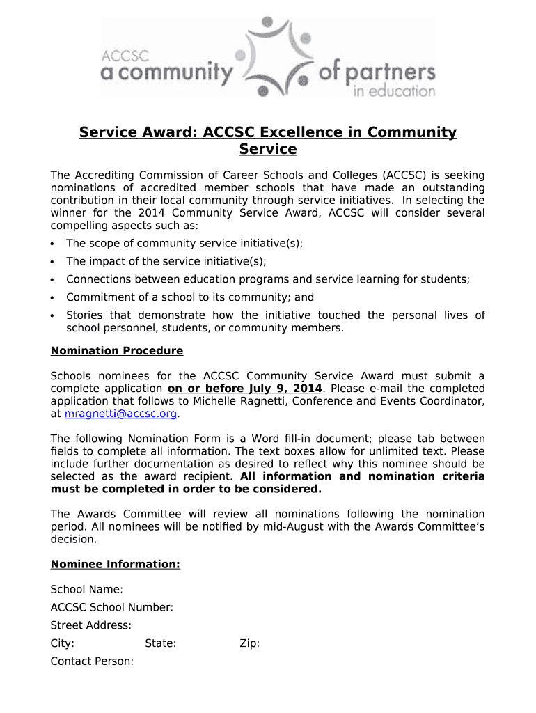 Service Award: ACCSC Excellence in Community Service Doc Template ...