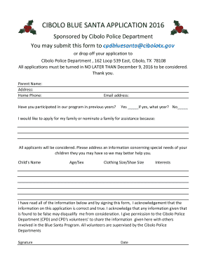 Fillable Online CIBOLO BLUE SANTA APPLICATION 2016 Fax Email Print ...