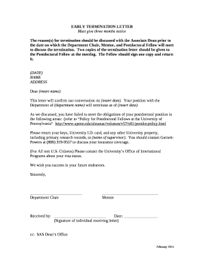 EARLY TERMINATION LETTER Doc Template | pdfFiller