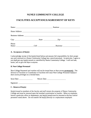 FACILITIES ACCEPTANCE/AGREEMENT OF KEYS Doc Template | pdfFiller