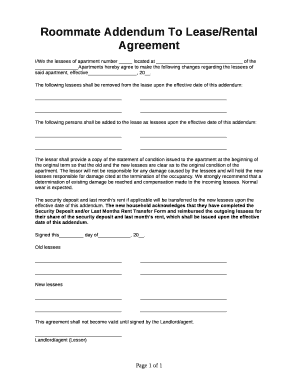 Roommate Addendum To Lease/Rental Agreement Doc Template | pdfFiller