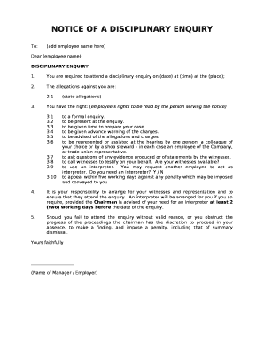 NOTICE OF A DISCIPLINARY ENQUIRY Doc Template | pdfFiller