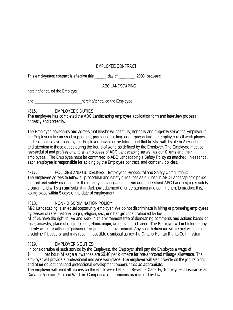 EMPLOYEE CONTRACT Doc Template | pdfFiller