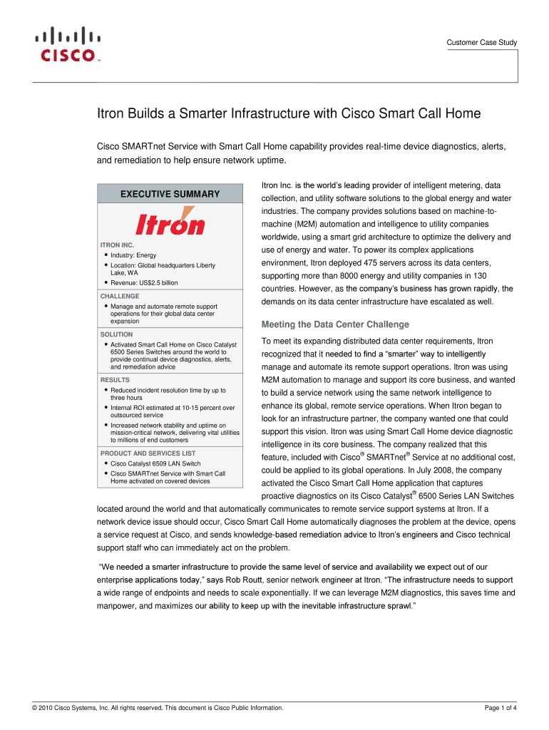 Fillable Online Itron Builds a Smarter Infrastructure with Cisco Smart Call Home Fax Email Print ...
